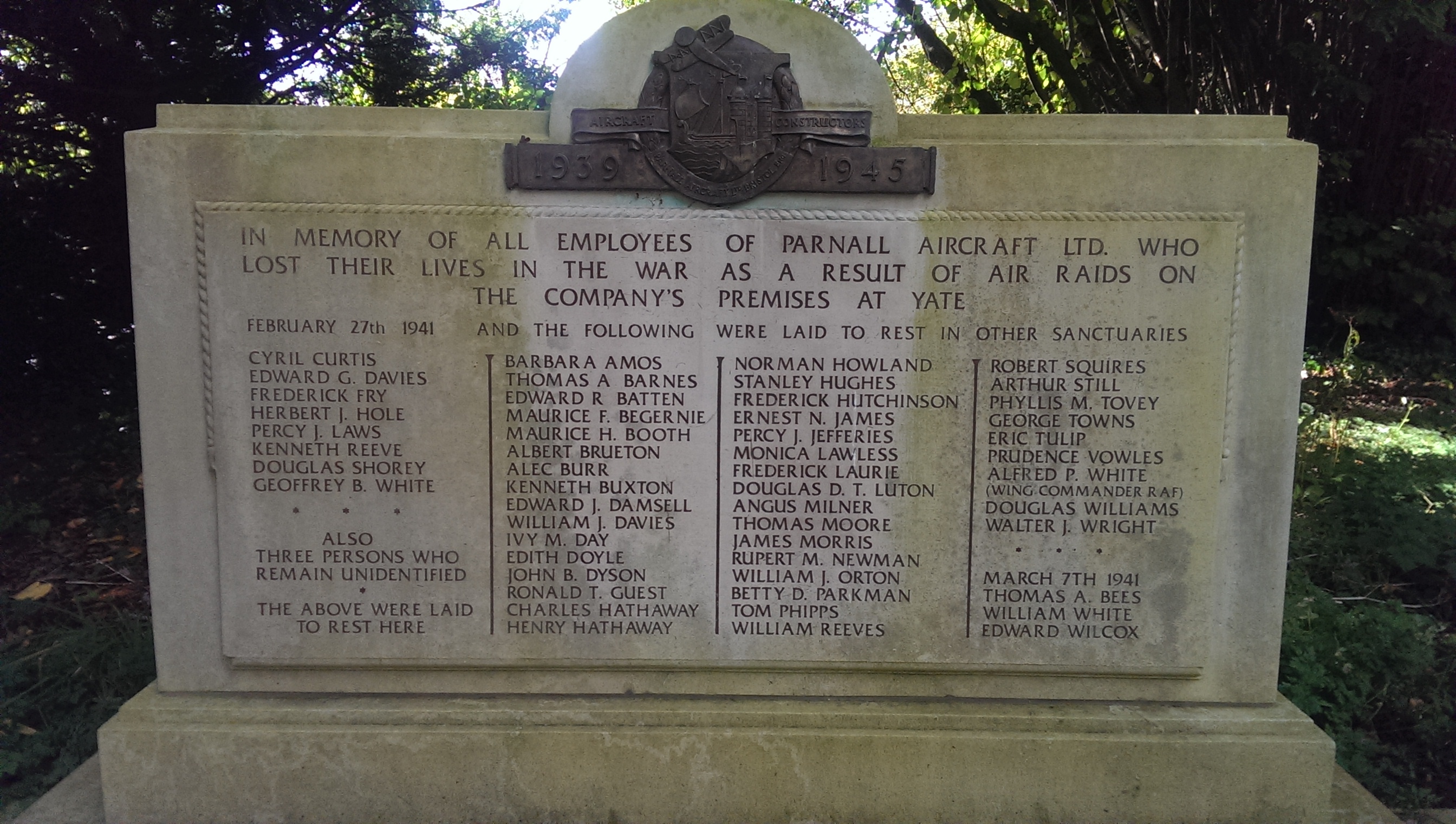 Yate (Parnall Aircraft Ltd stone of remembrance)