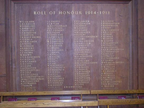 Dean Close School Chapel Roll of Honour 1914-1918